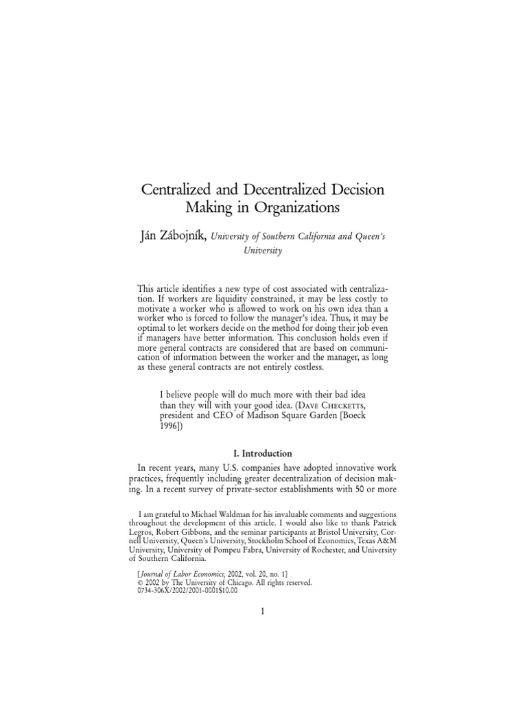 Centralized and Decentralized Decision Making in Organizations | PDF ...