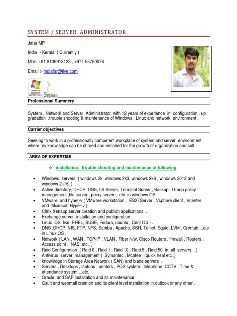 System / Server Administrator: Professional Summery | PDF | Technical Support | Computer Network