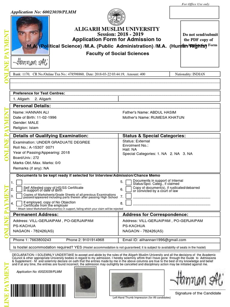 Application Form For Admission To: Aligarh Muslim University Session ...