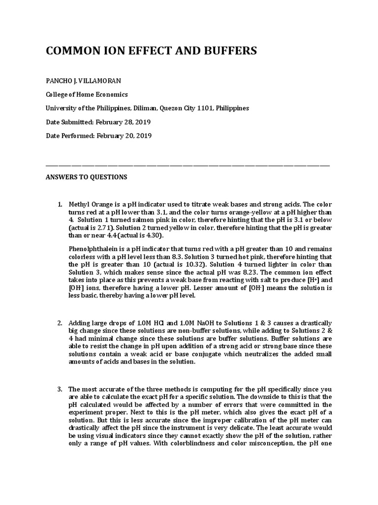Common Ion Effect and Buffers Atq | PDF | Ph | Buffer Solution