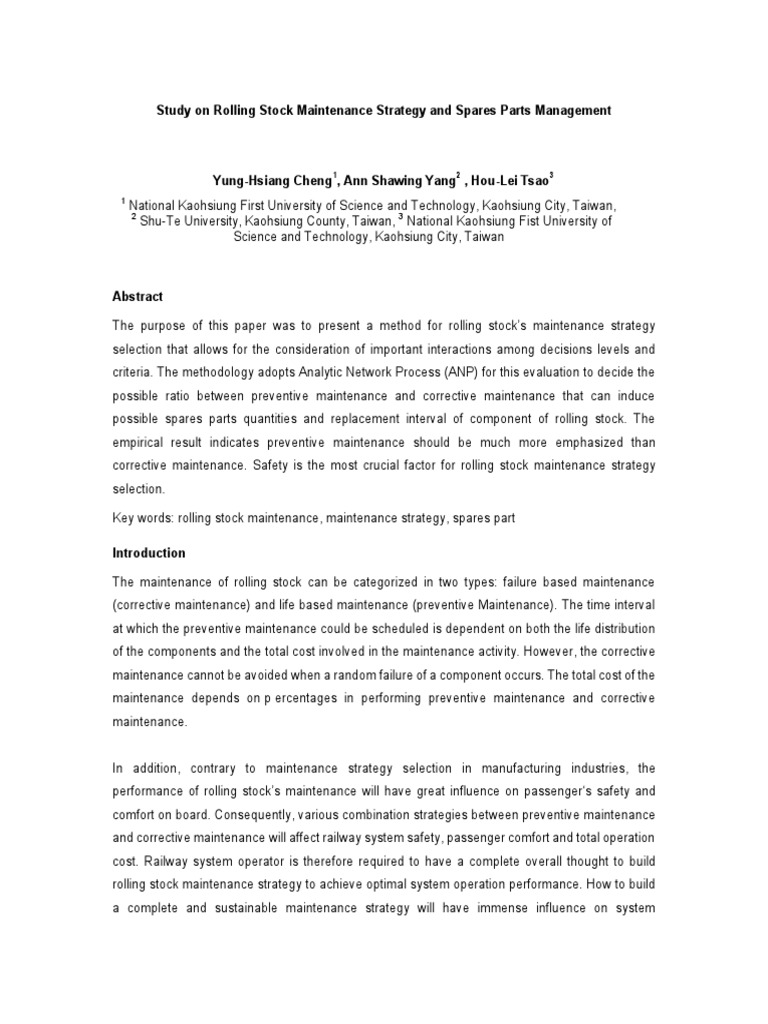Study On Rolling Stock Maintenance Strategy and Spares Parts Management ...