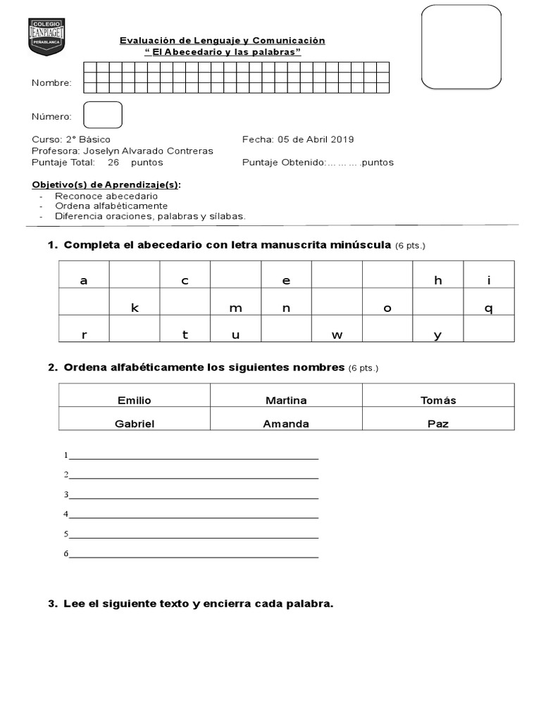 Evaluación del Abecedario 2° Básico | PDF