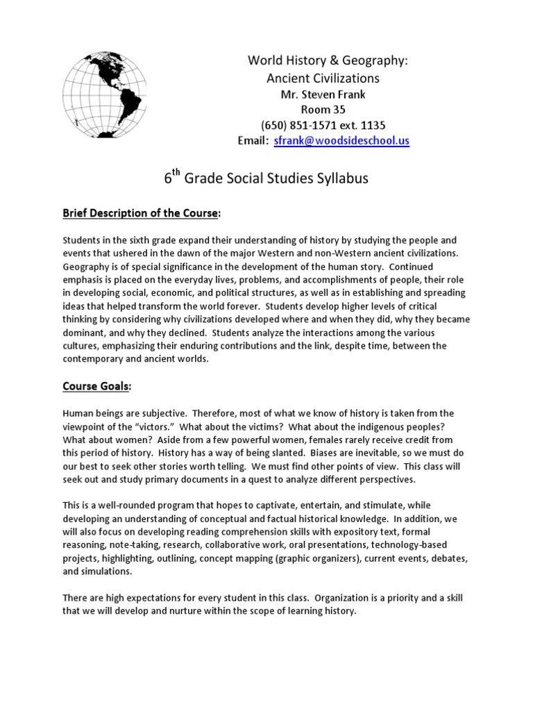 6th Grade Ancient Civilizations Syllabus | PDF | Homework | Teachers