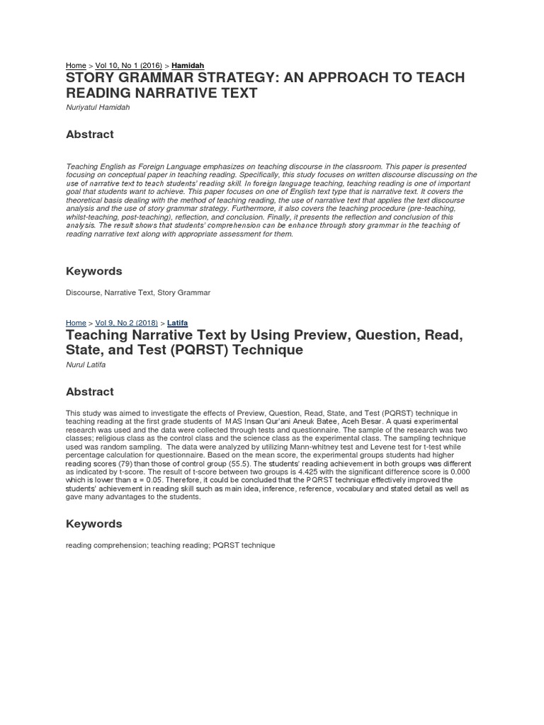 Story Grammar Strategy: An Approach To Teach Reading Narrative Text ...