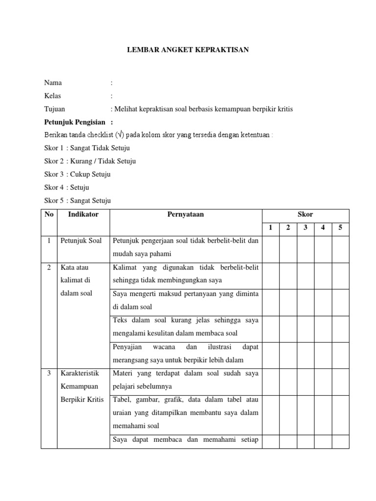 Lembar Angket Kepraktisan | PDF