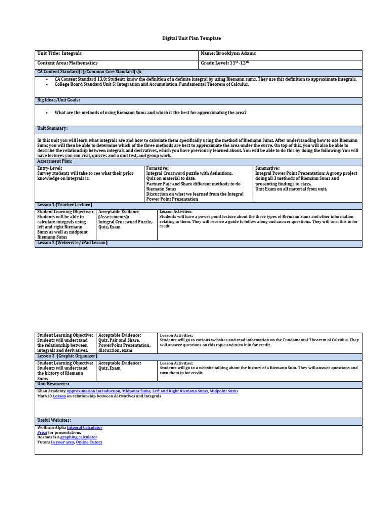 Digital Unit Plan | PDF | Integral | Analysis