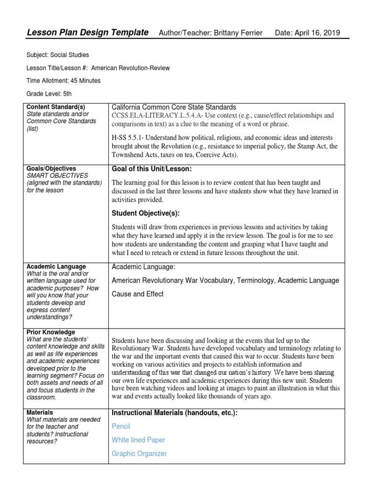 American Revolution Review Lesson Plan | PDF | Goal | Understanding