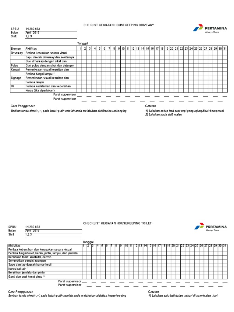 Checklist Housekeeping SPBU April 2019 | PDF | Teknologi & Rekayasa
