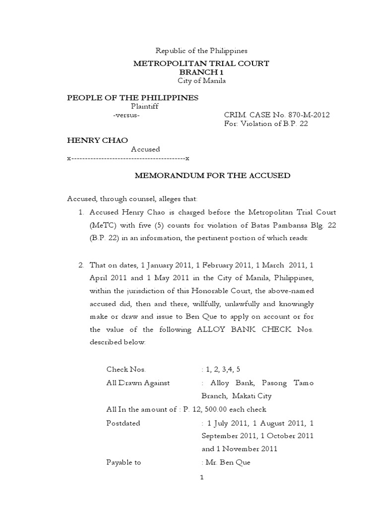 Memorandum For The Accused | PDF | Testimony | Lawsuit