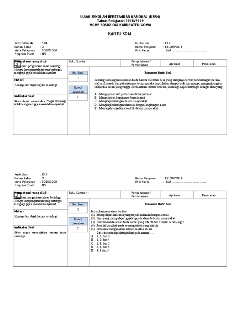 Format Kartu Soal Sosiologi Paket Utama K13 | PDF
