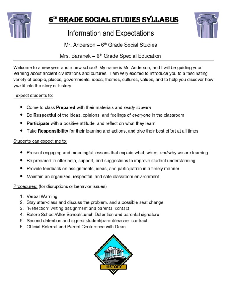 6 Grade Social Studies Syllabus: Information and Expectations | PDF ...