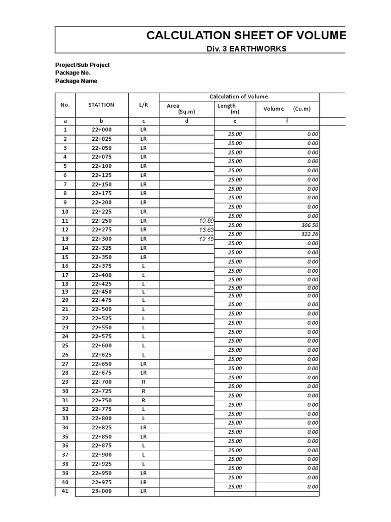 Calculation Sheet of Volume: Div. 3 Earthworks | PDF | Nature