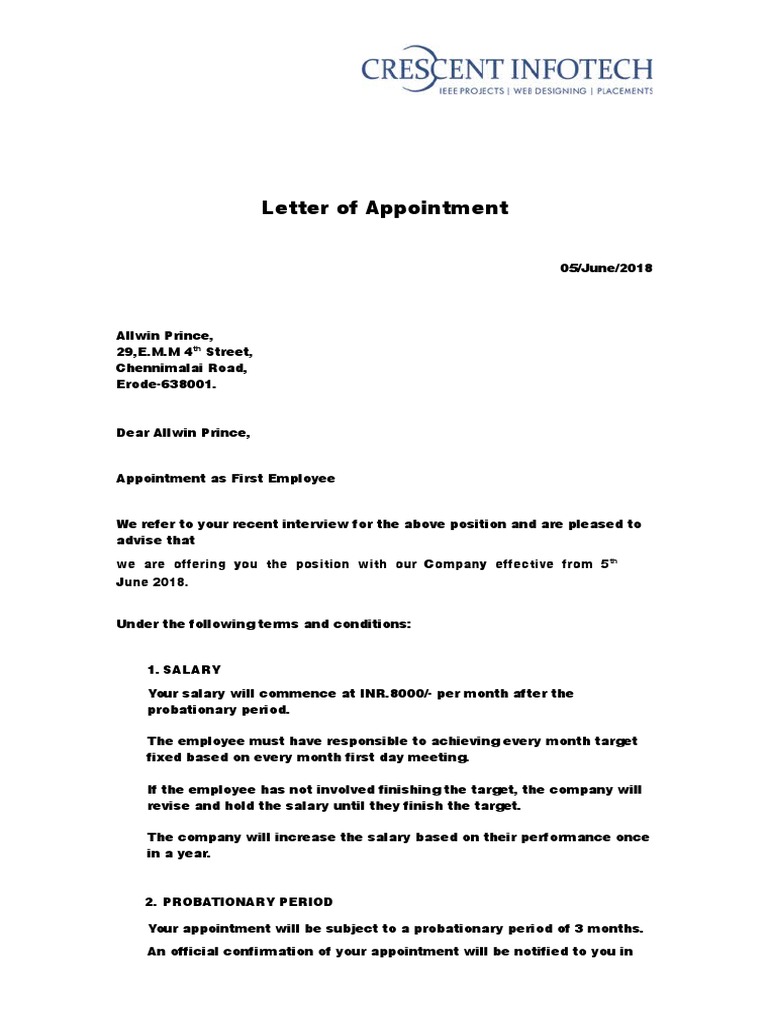 Job Appointment Letter | Employee Benefits | Employment