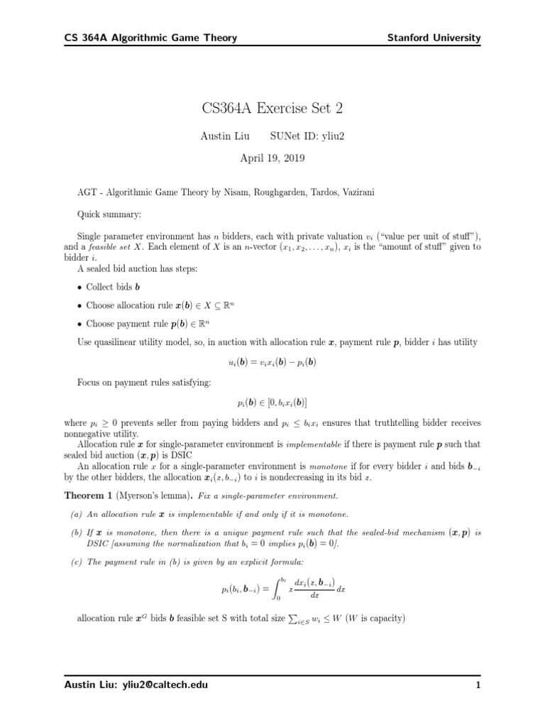 CS364A Exercise Set 2 | PDF | Auction Theory | Auction
