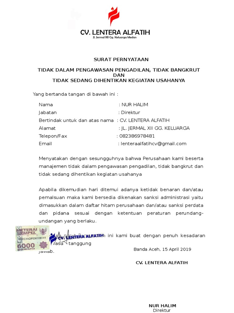 Pernyataan Legalitas CV. Lentera Alfatih | PDF | Hukum