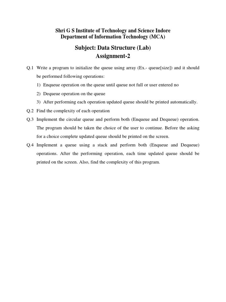 Subject Data Structure Lab Assignment 2 Pdf Queue Abstract Data Type Formal Methods 