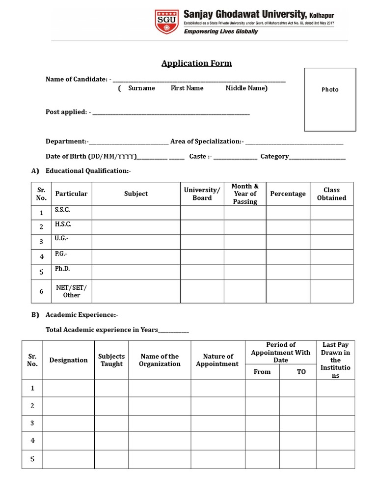 Application Form: (Surname First Name Middle Name) Photo | PDF
