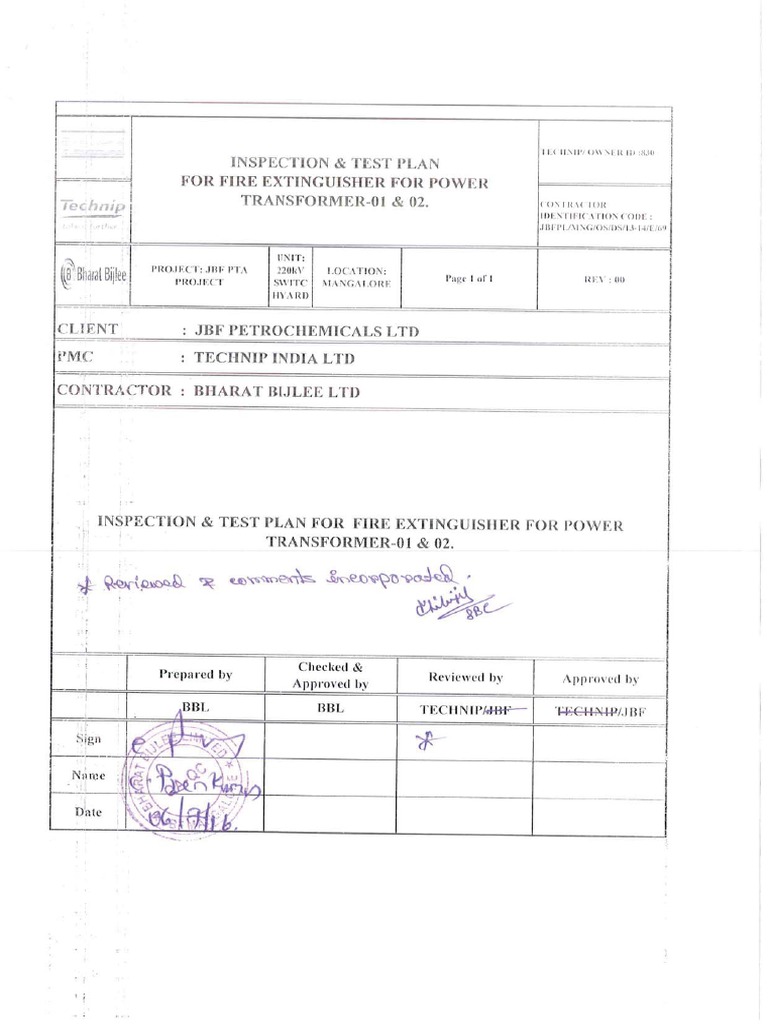 ITP For Fire Extinguisher For Power Transformer - 01 & 02 | PDF