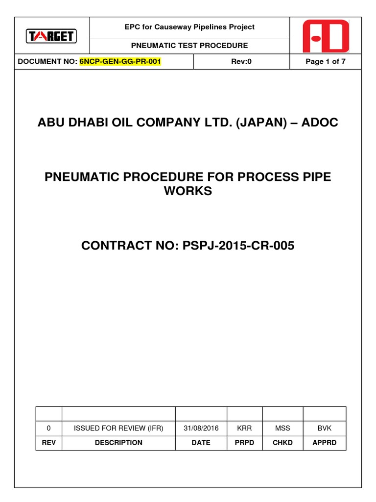 Pneumatic Test Procedure for Pipelines | PDF | Quality Assurance ...