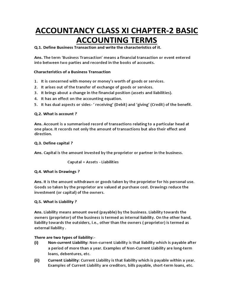 Accountancy Class Xi Chapter-2 Basic Accounting Terms | PDF | Expense | Debits And Credits