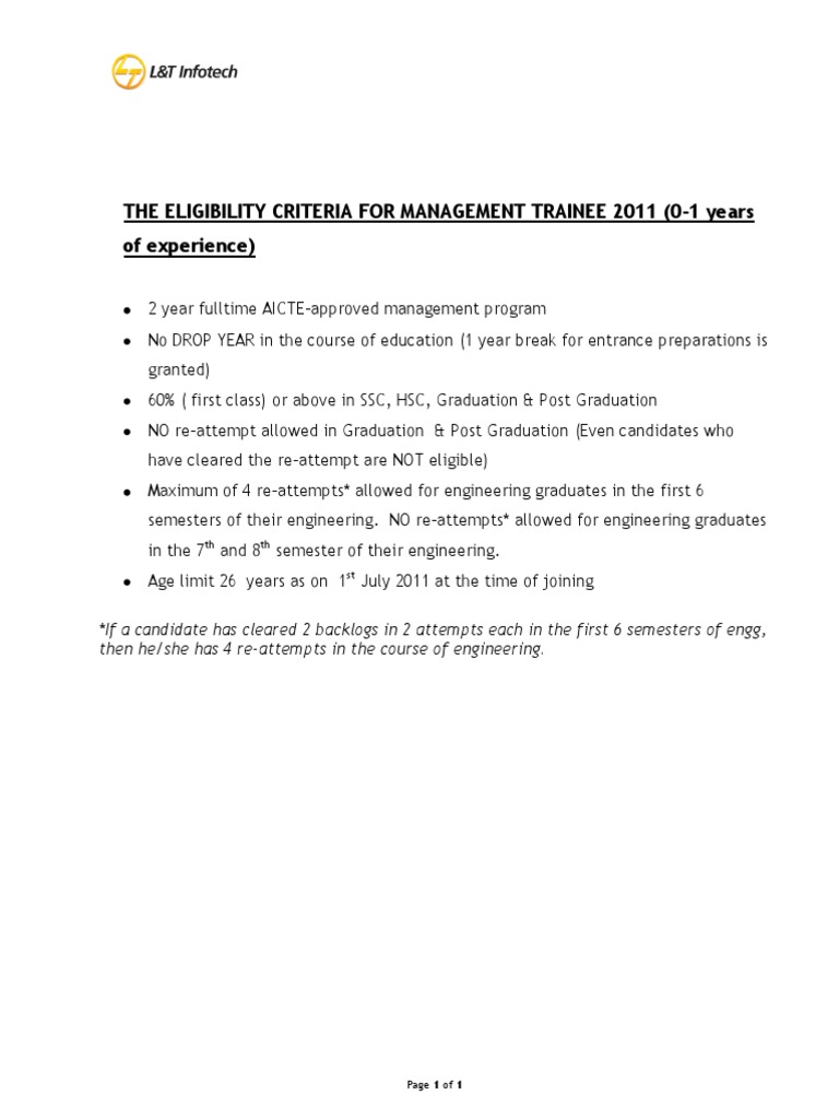 Management Trainee Eligibility Criteria 2011 | PDF