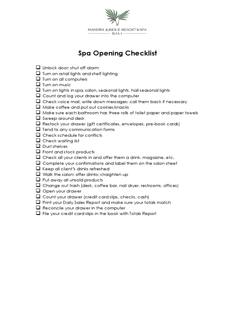 Spa Opening & Closing Checklist | PDF | Business