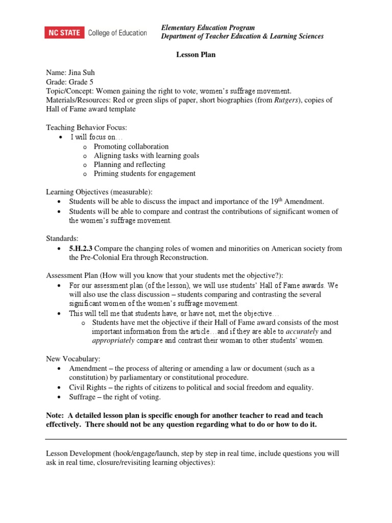Ss Lesson Plan | PDF | Women's Suffrage | Lesson Plan