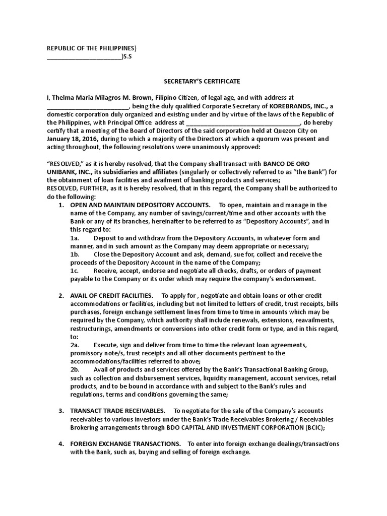 Sample SEcretary's Letter To The Bank | PDF | Credit | Finance & Money ...