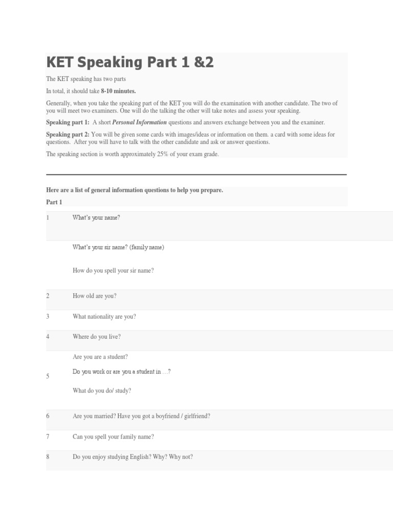 KET Speaking Part 1 &2 | PDF