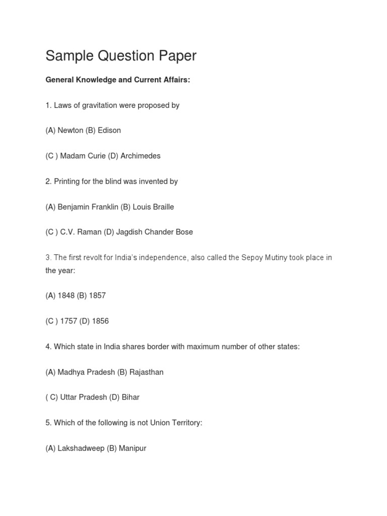 Sample Question Paper: General Knowledge and Current Affairs | PDF ...