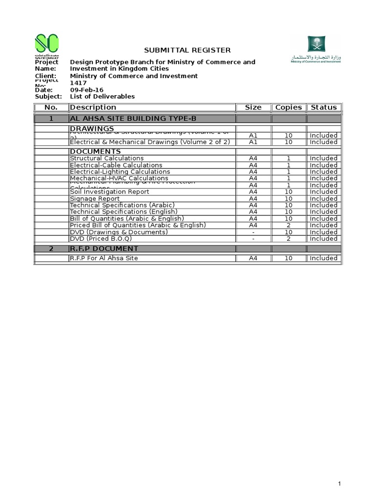 MCI - PB Submission On 09-02-2016-Submittal Register | PDF