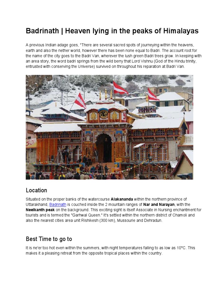 Badrinath - Heaven Lying in The Peaks of Himalayas | PDF | Indian ...