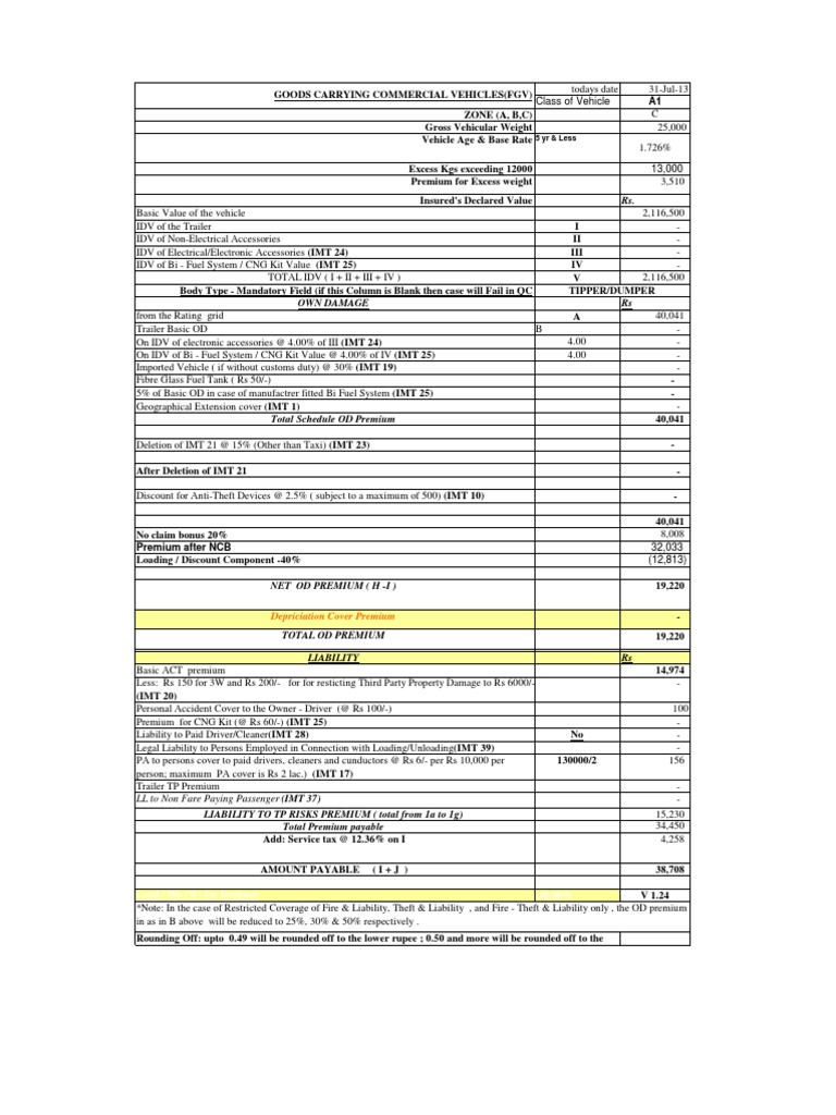 Premium After NCB: Class of Vehicle | PDF | Insurance | Vehicles