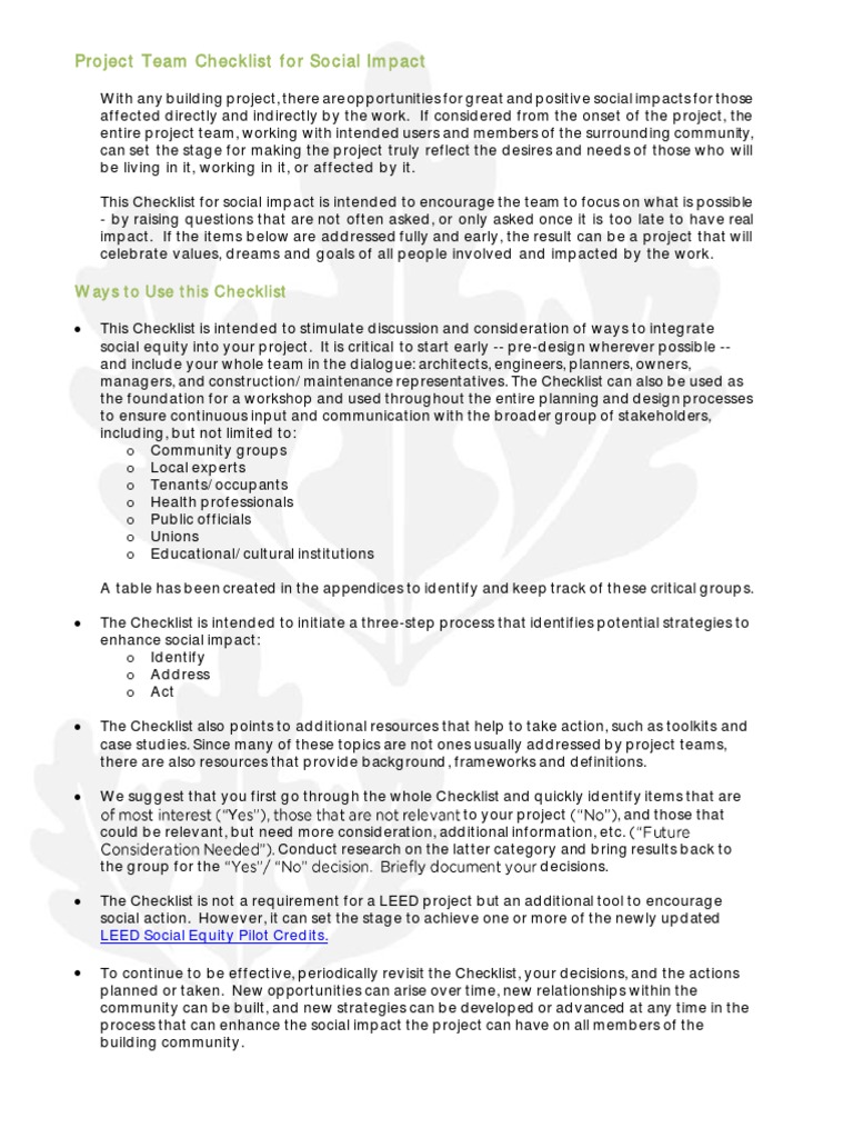 Social Impact Project Team Checklist | PDF | Supply Chain | Community