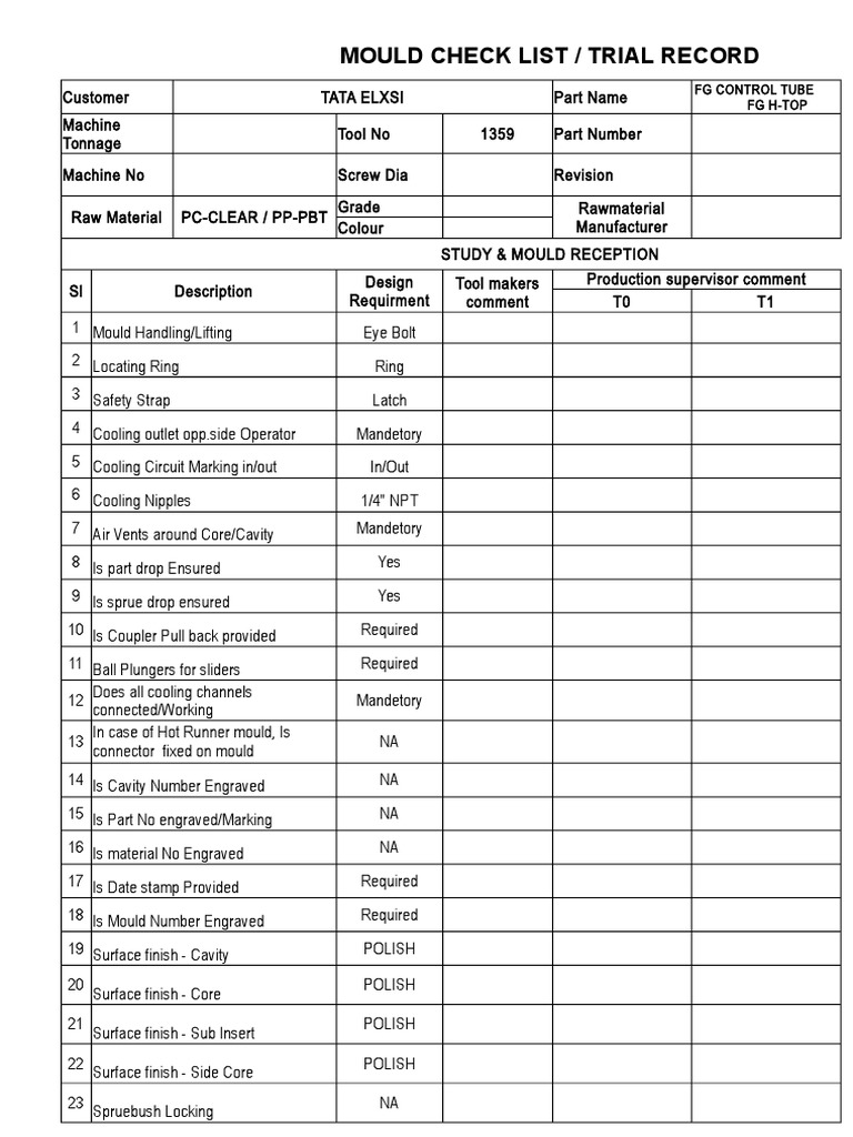 Mould Check List / Trial Record: FG Control Tube FG H-Top | PDF ...