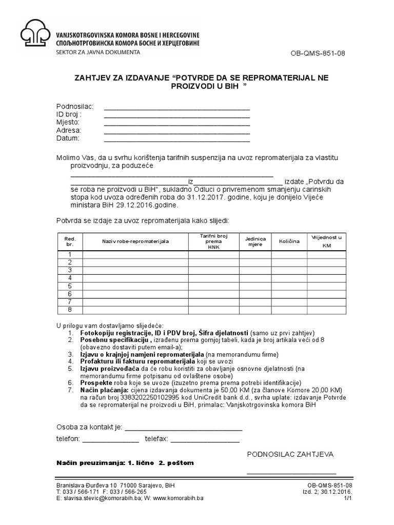OB QMS 851 08 Zahtjev Za Potvrdu Da Se Repromatrijal Ne Proizvodi U BiH ...