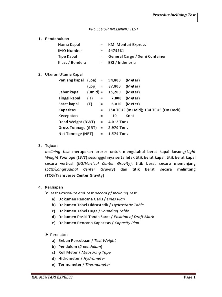 Prosedur Inclining Test Kapal | PDF