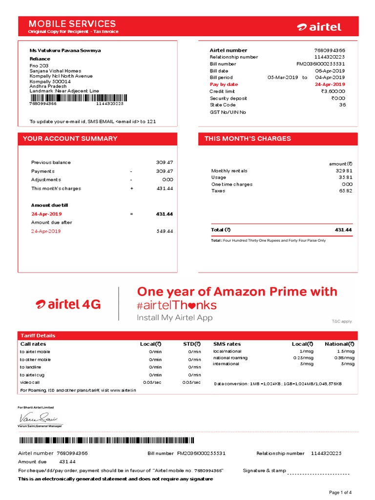Mobile Services Tax Invoice - Summary of Charges and Usage Details for ...