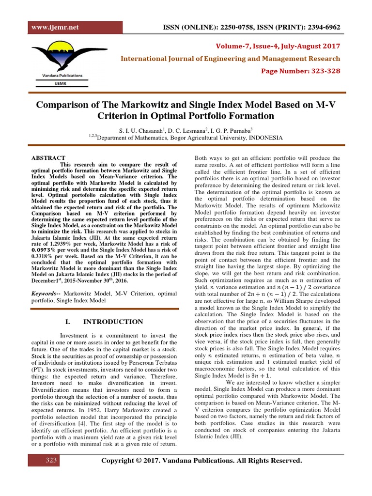 Comparison of The Markowitz and Single Index Model Based On M-V Criterion in Optimal Portfolio ...