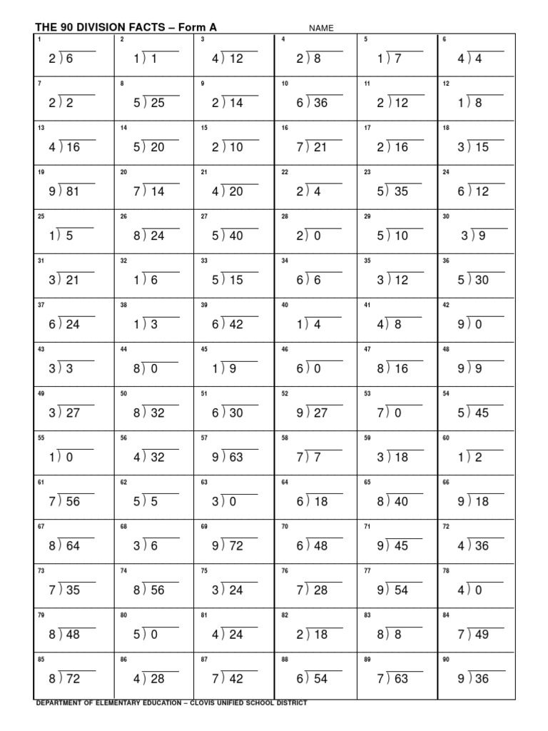 90 Division Math Facts - Forms A-E | PDF