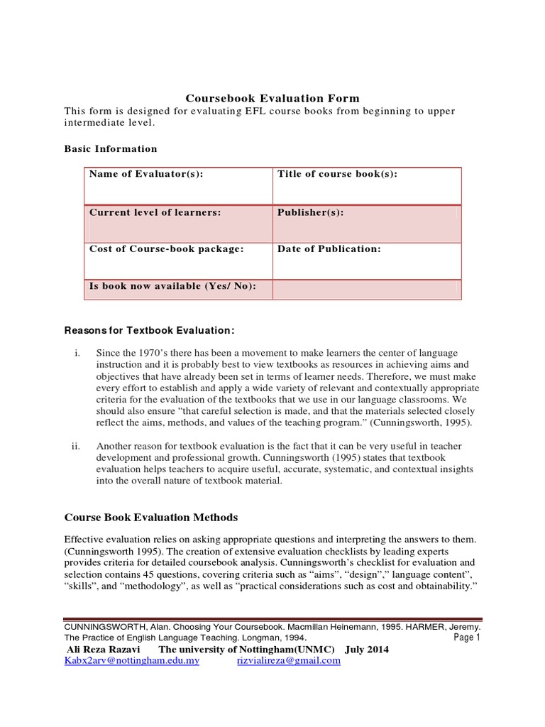 Cunningsworth Coursebook Evaluation Checklist | PDF | Textbook | Evaluation