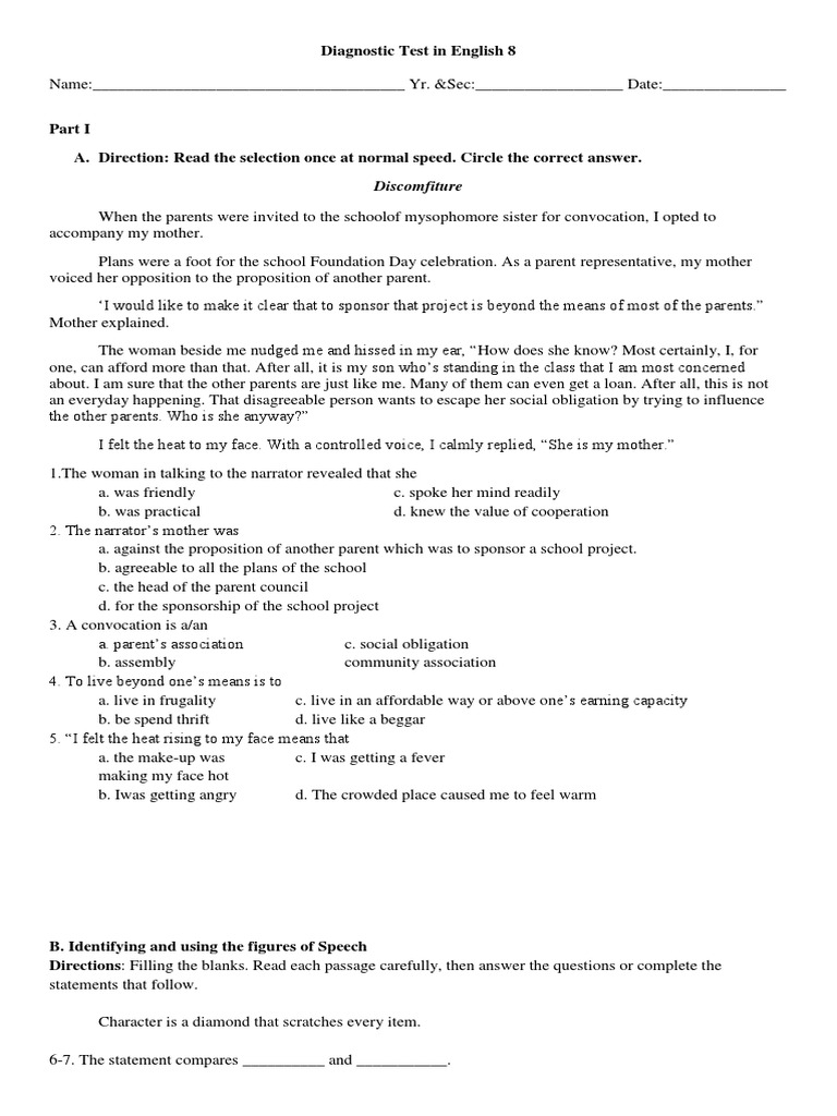 Diagnostic Test English 8 PDF | PDF