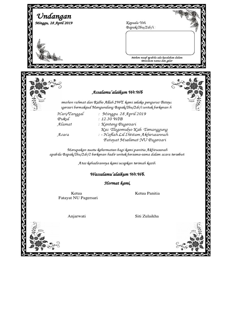 Undangan Haflah Fatayat NU Pagersari | PDF