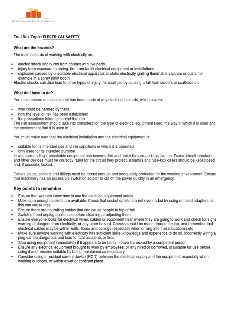 Tool Box Topic: Electrical Safety: What Are The Hazards? | Download ...