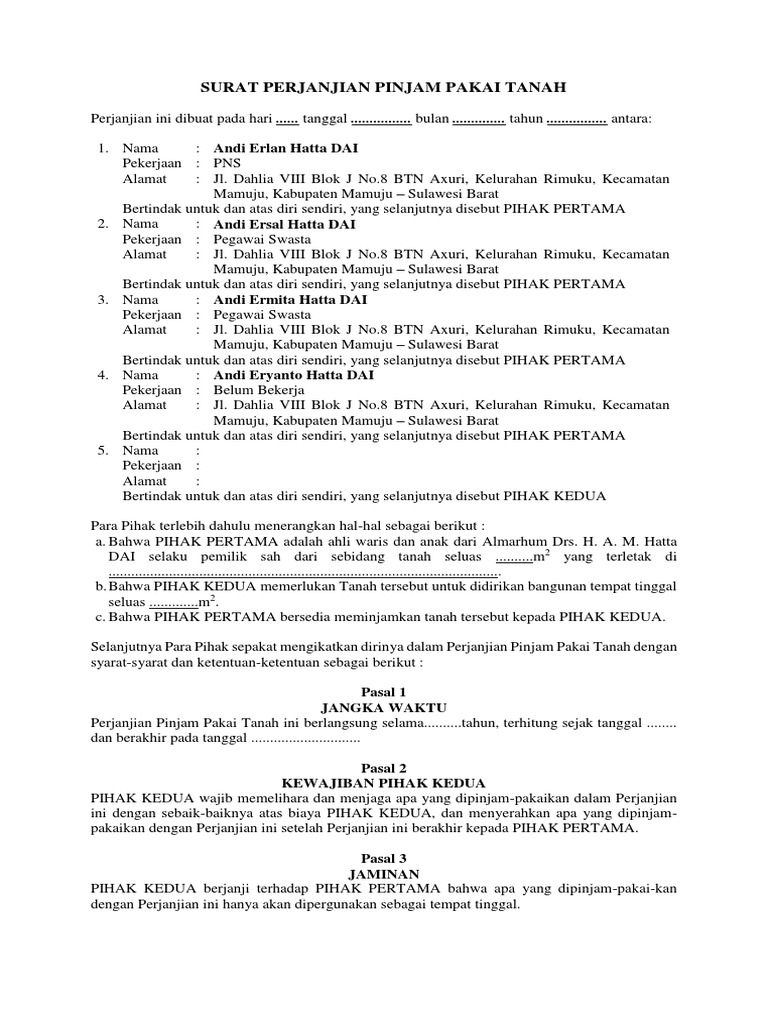 Surat Perjanjian Pinjam Pakai Tanah | PDF