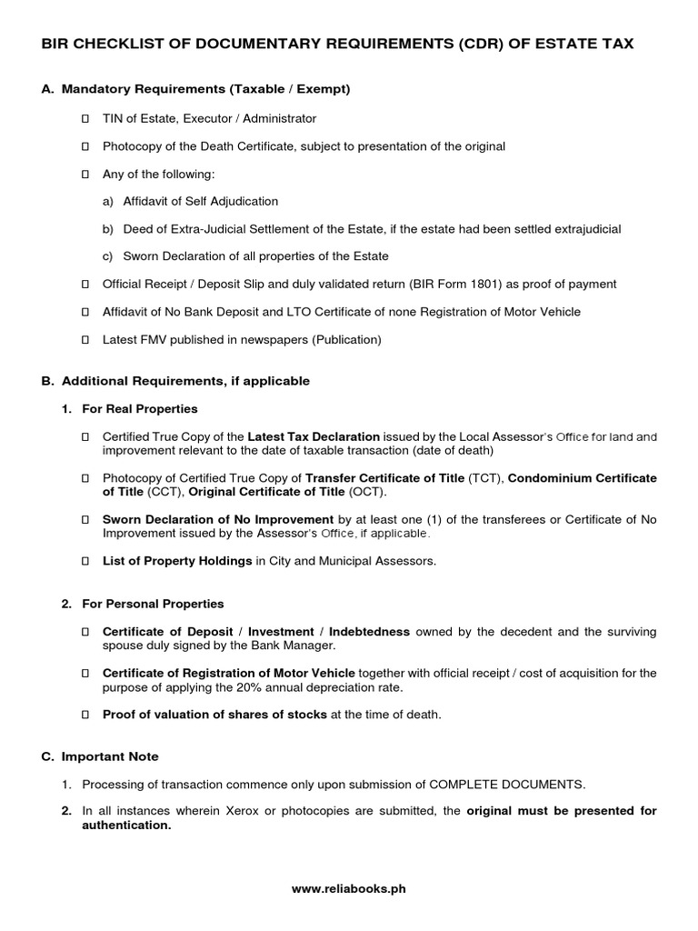 BIR Checklist of Documentary Requirements of Estate Tax | PDF