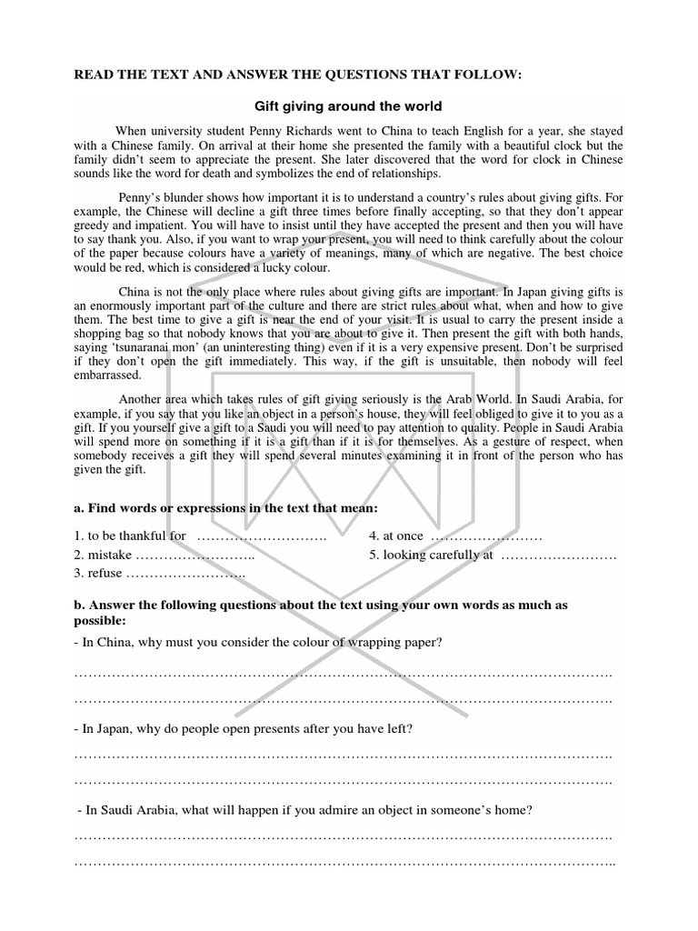 Read The Text and Answer The Questions That Follow:: Gift Giving Around ...