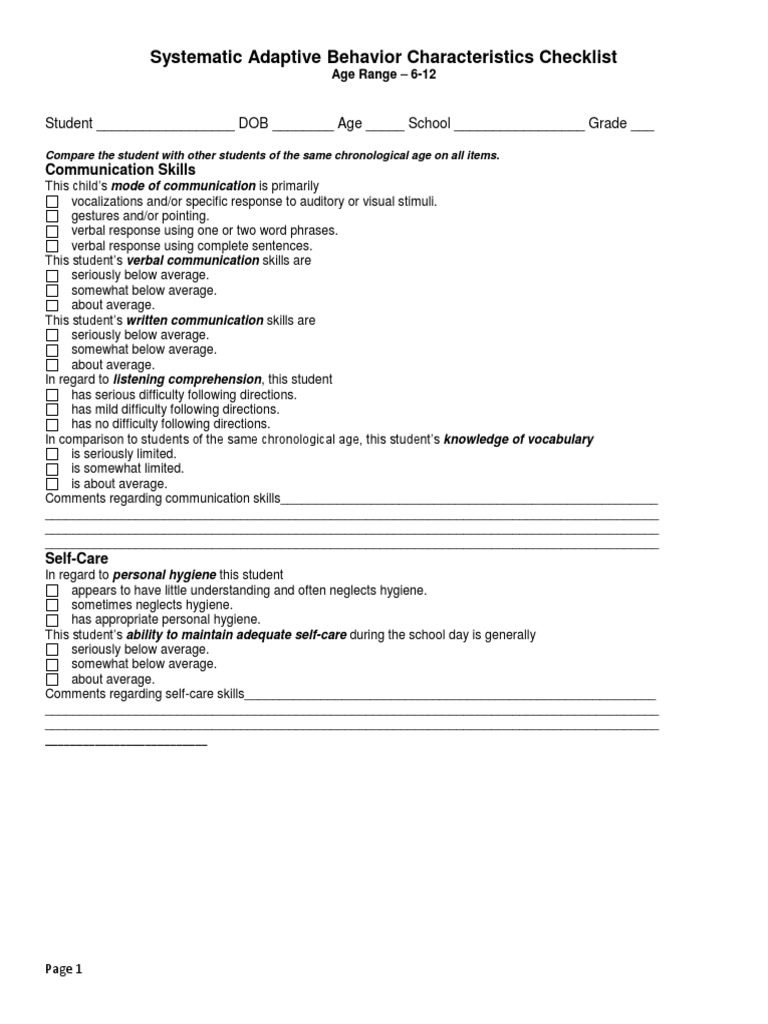 Adaptive Behavior Checklist Age Range 6-13 | PDF | Communication ...