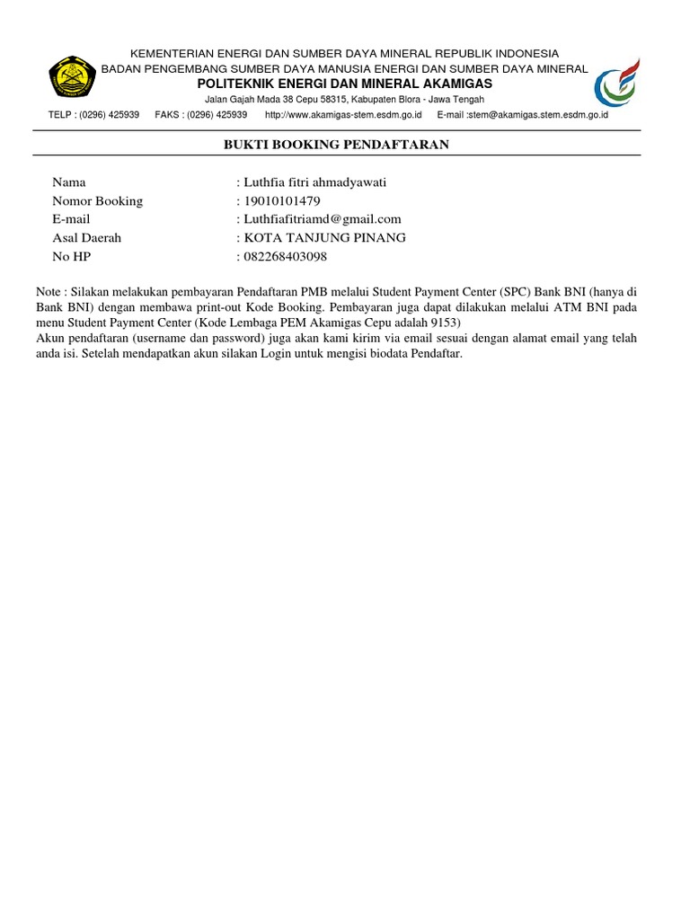 Bukti Booking Daftar PDF | PDF