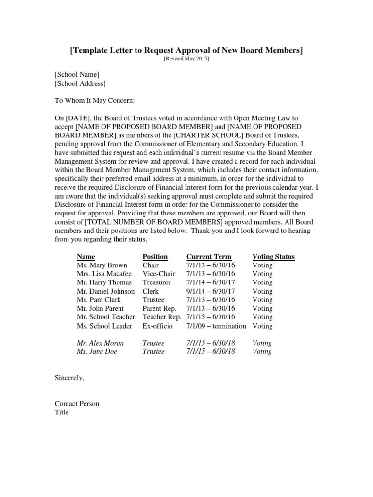 (Template Letter To Request Approval of New Board Members) : Name ...
